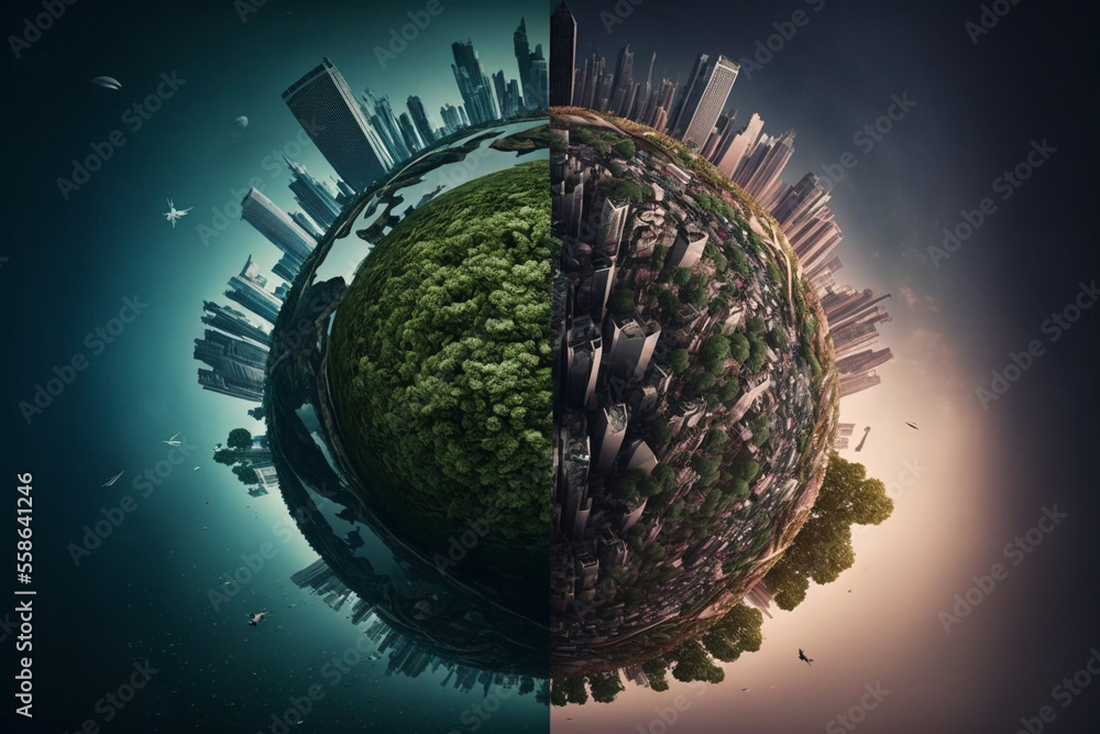 Generative Ai of planet earth with tall building and greenery. Tiny ...