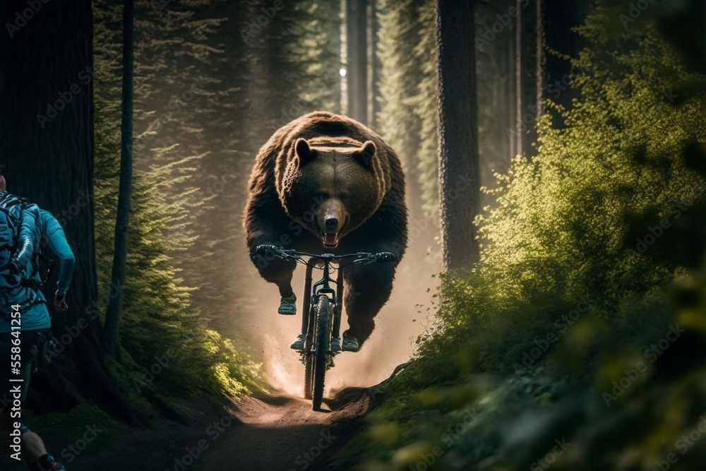 Generative Ai of a big brown bear riding a bicycle in a forest. Stock ...