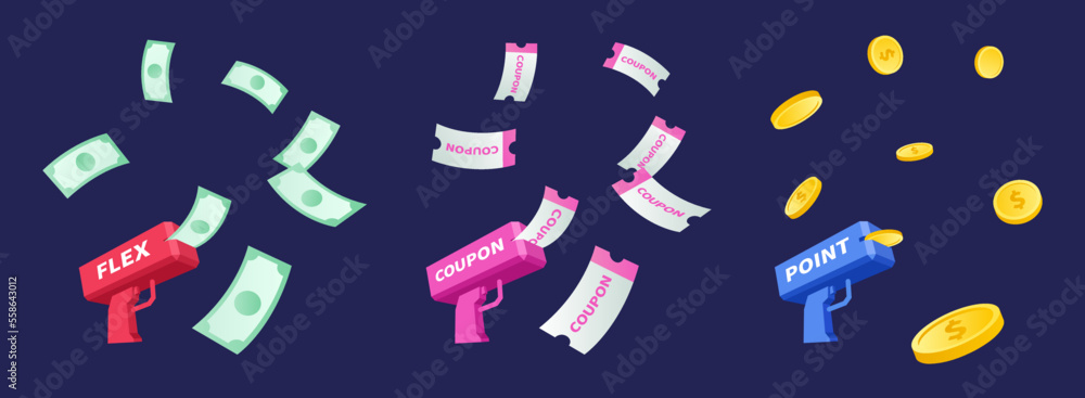 Money machine gun. Shoot the toy gun with money. Cash, Coupon, Gold ...