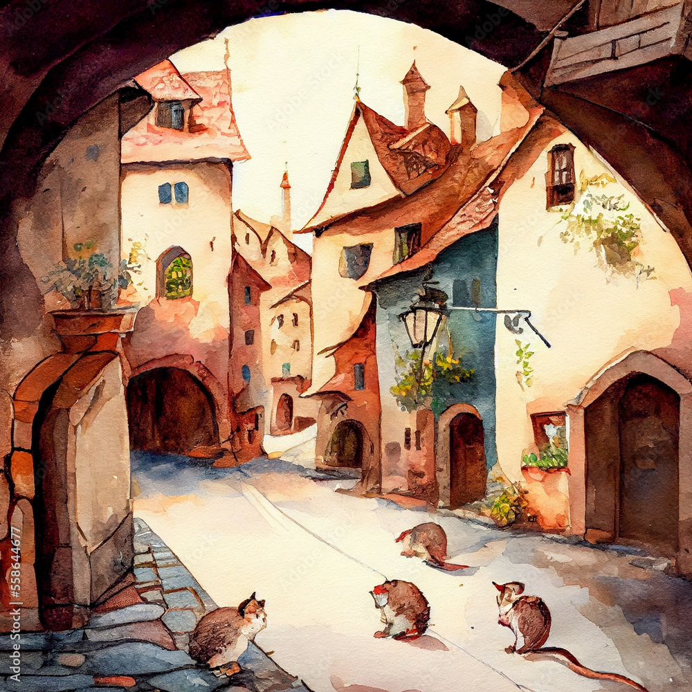 Empty narrow streets of medieval town full of rats during plague ...