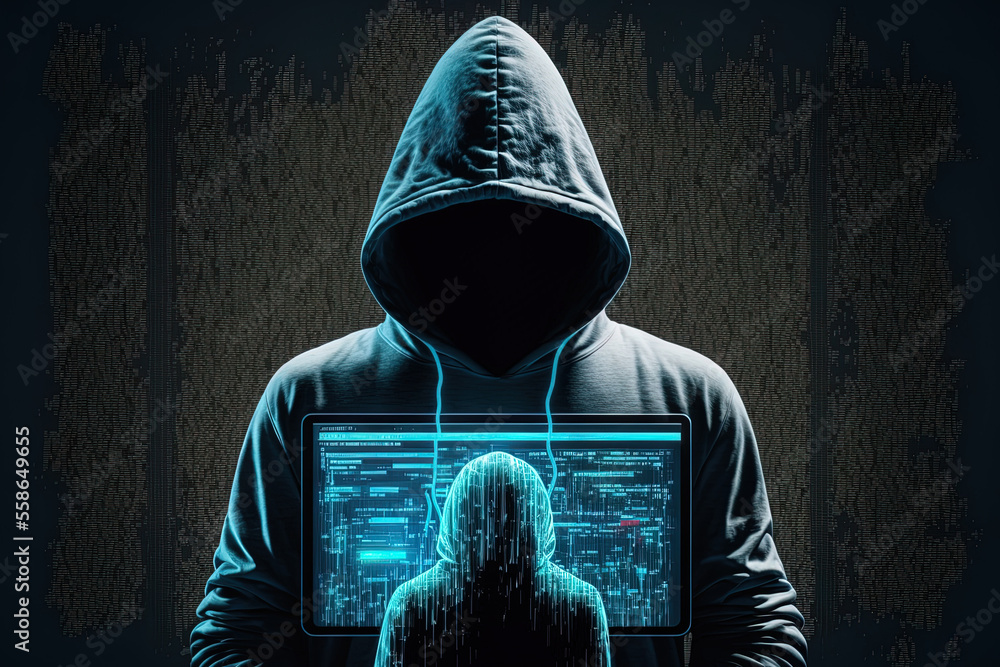 cyber security and hacking concept with faceless theft in hoody using laptop and digital white ...