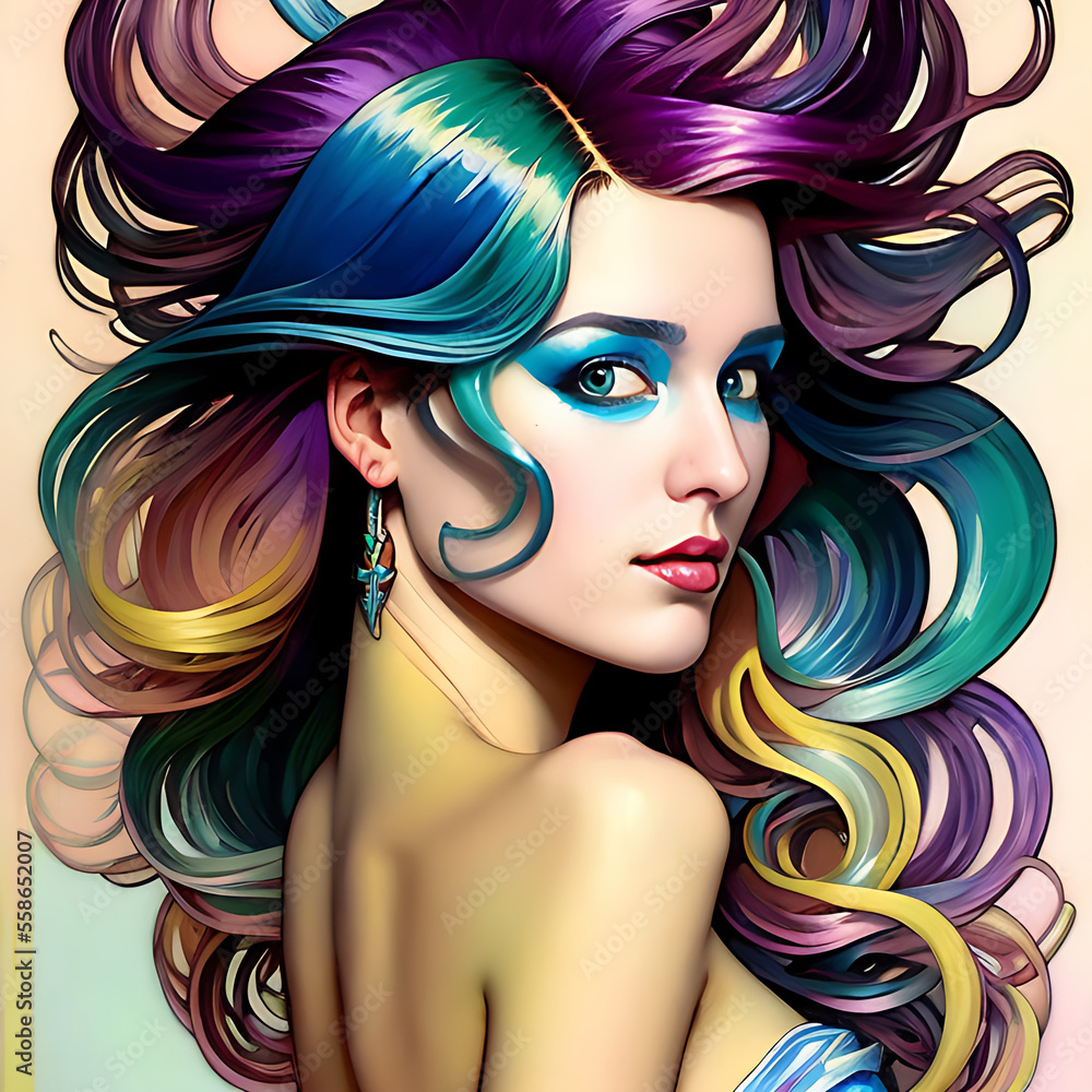 Ilustración de pose de sirena sensual con pelo de colores y maquillaje ...