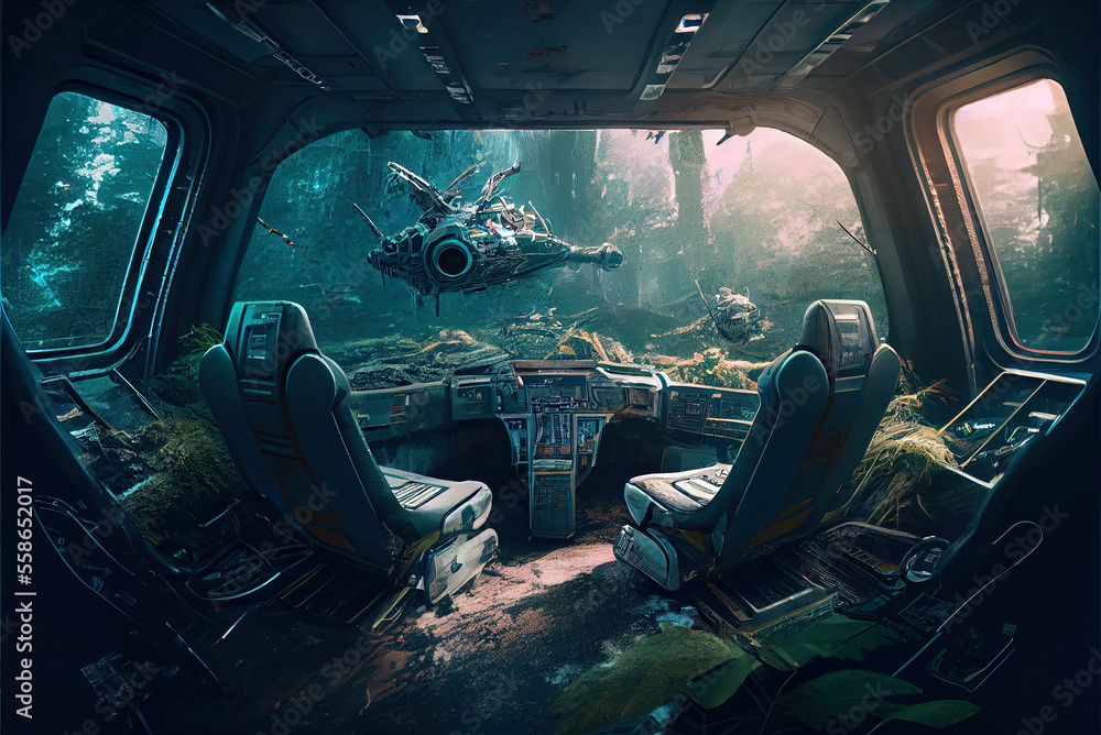 Crashed abandoned spaceship on planet, empty overgrown cabin, theme of ...