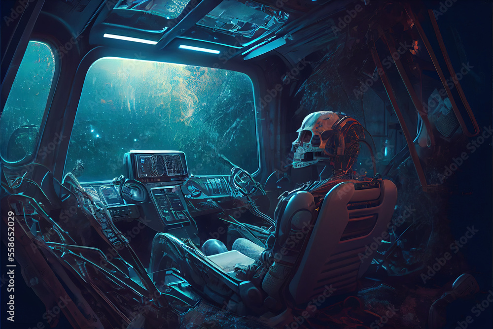 Alien skeleton or android inside crashed spaceship, dead astronaut ...