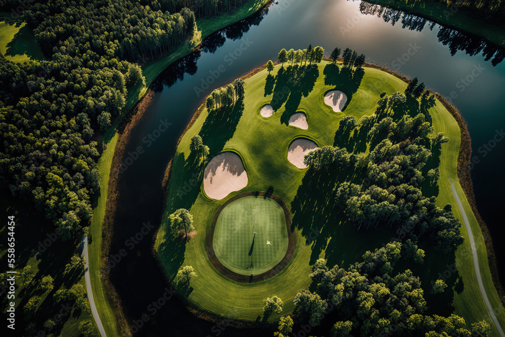 Aerial view of a golf course featuring challenging features including ...