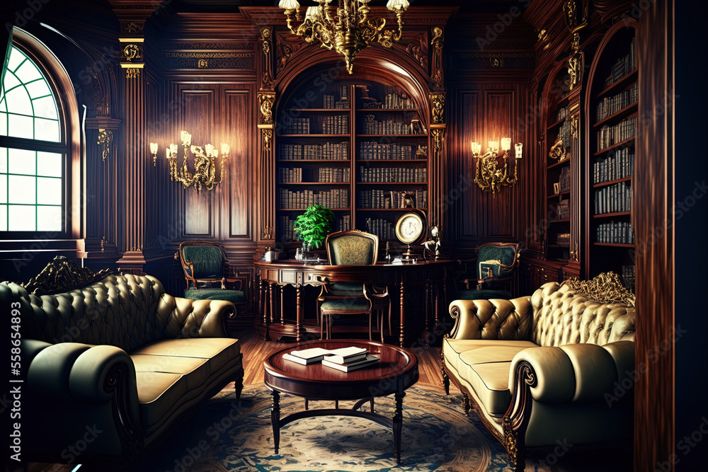 luxurious house library interior. Elegantly furnished sitting area ...
