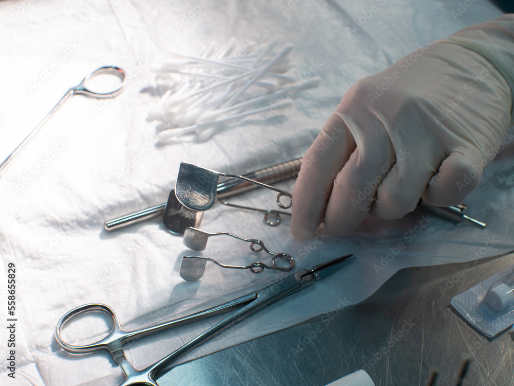 The surgeon takes the surgical instrument from the table during the ...