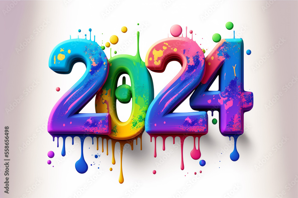 Brightly colored number 2024 reflecting the new year on white ...