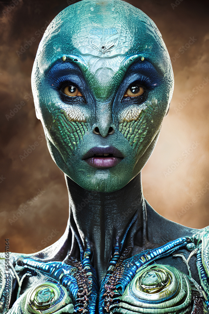Portrait of a blue female humanoid alien with yellow eyes from an other ...