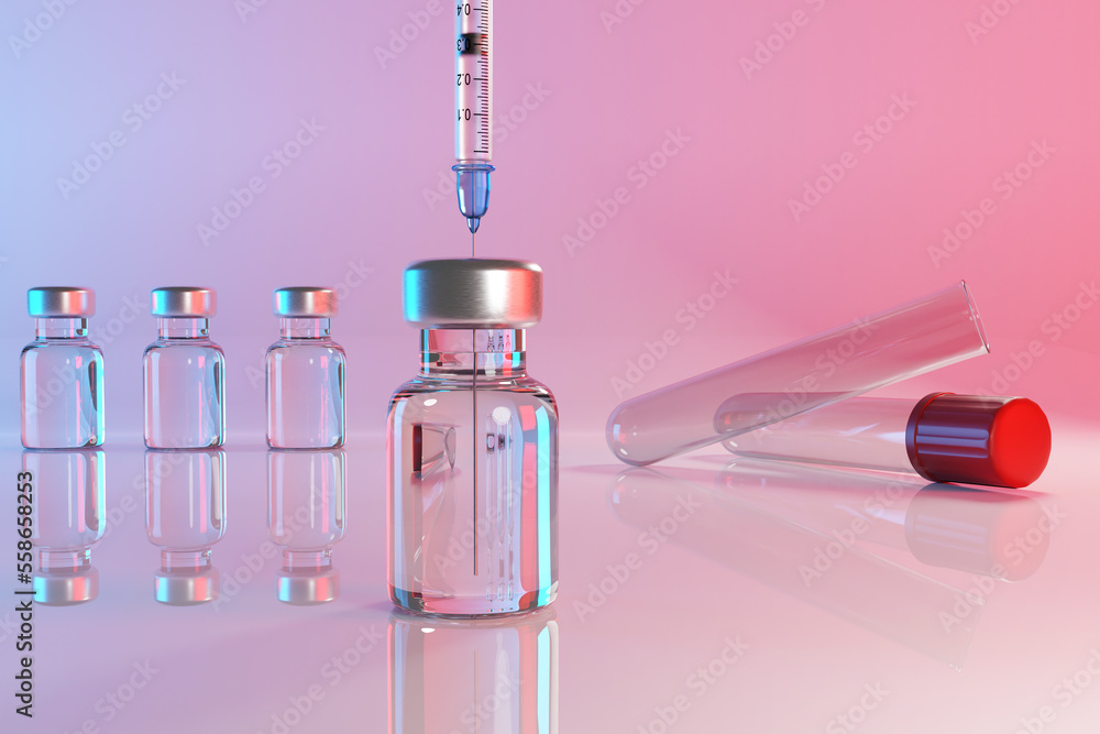 Syringe is being used to extract vaccine from a vial with other phials ...
