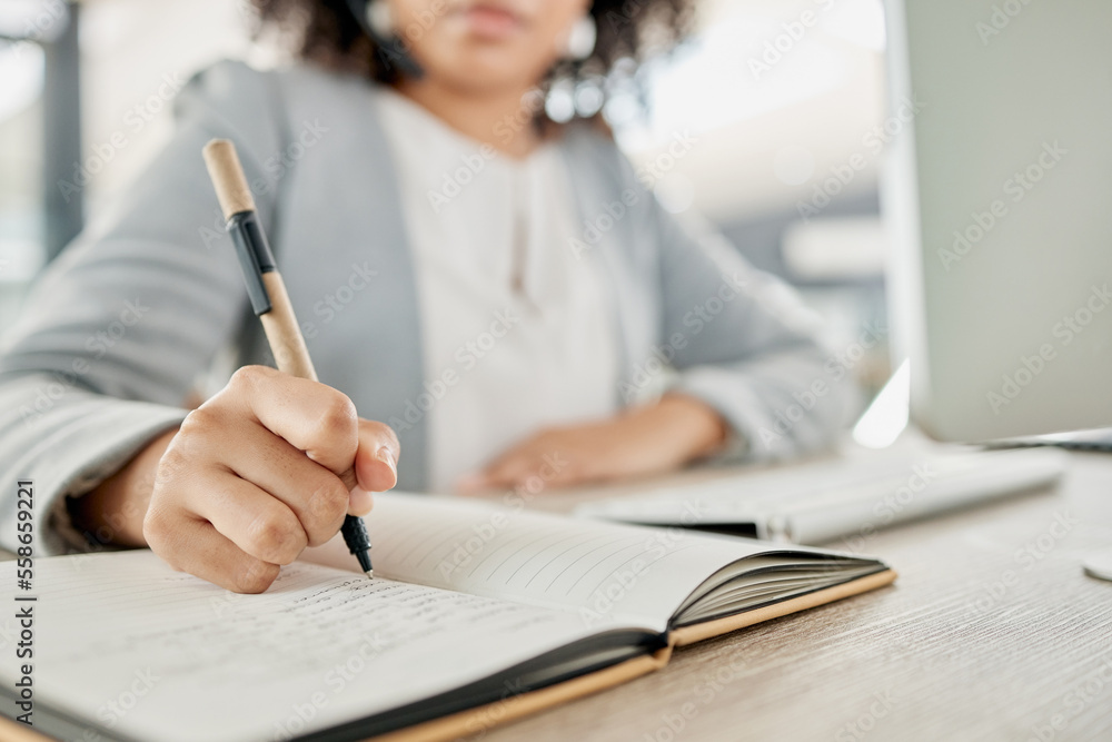 Notebook, pen and hands of woman writing, planning and working on ...
