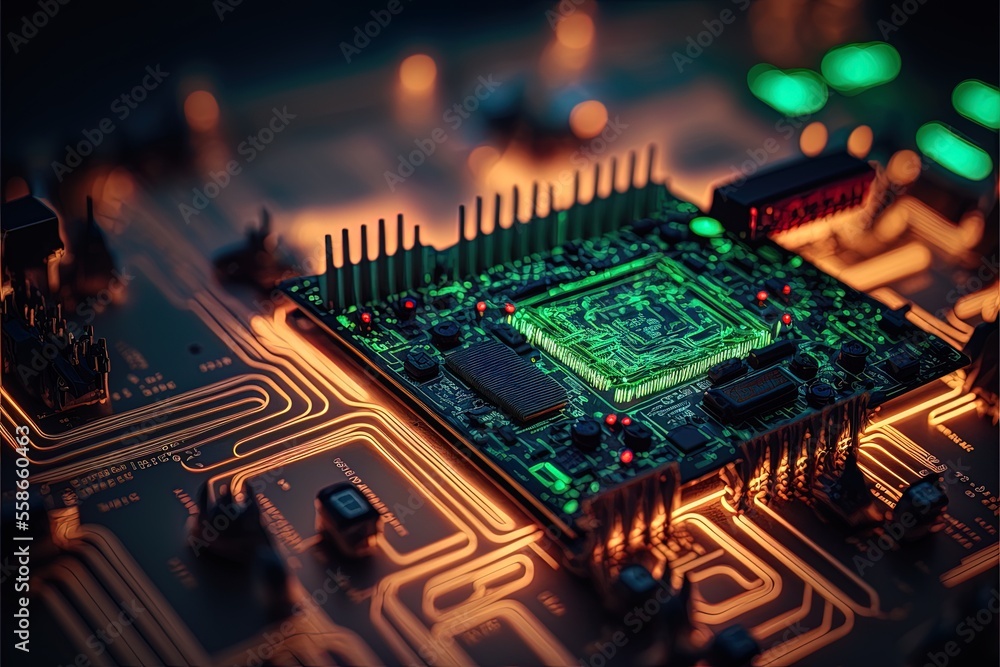 Neon illumination of a computer processor, abstract neon background ...