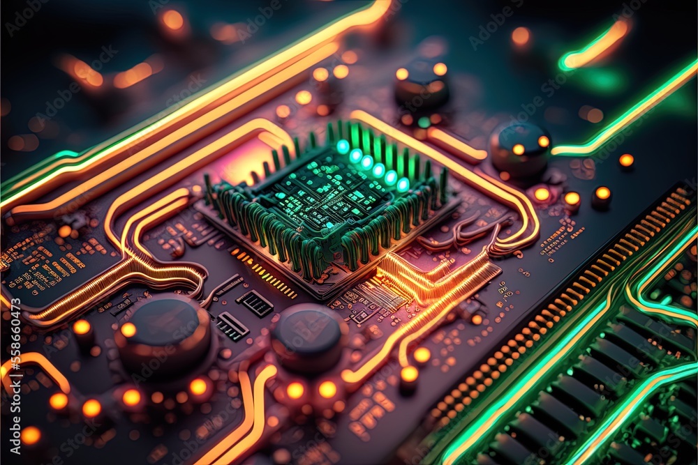 Neon illumination of a computer processor, abstract neon background ...