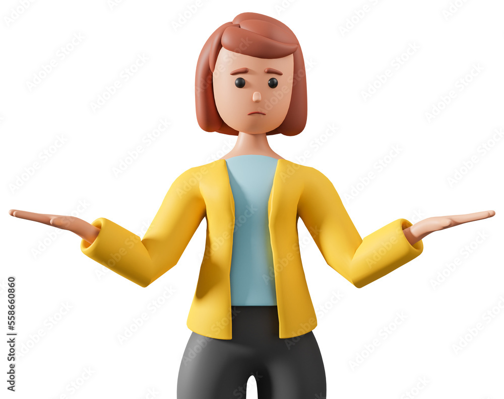 Confused puzzled woman spread her hands to the sides 3d illustration ...