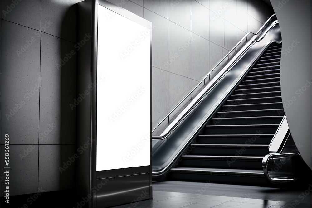 Dark underground passage with escolator and neon light, advertising ...