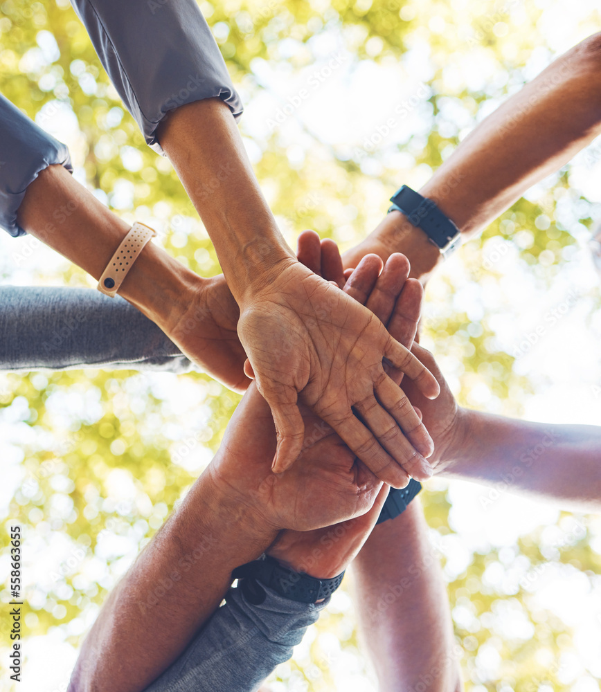 Hands, together and support with solidarity outdoor and group ...