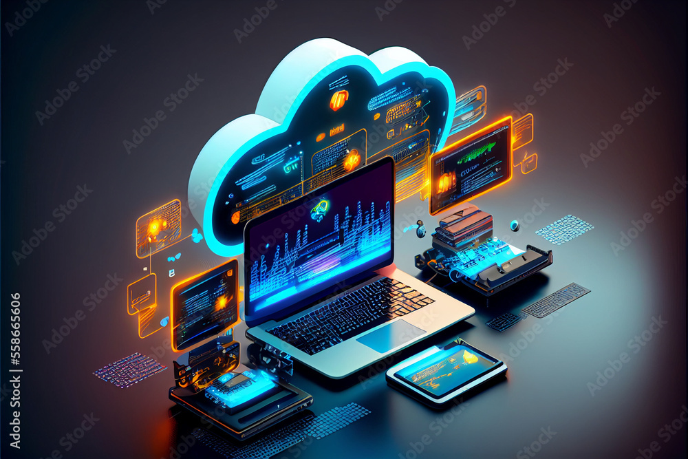 Cloud technology concept. Data center concept. Modern cloud technologies. Neon colors, cyber ...