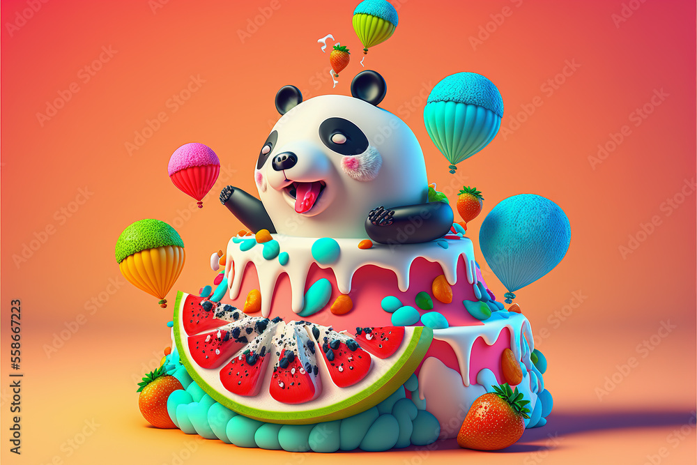 Joyful 3D panda on cupcake: Delighted panda amidst vibrant fruits ...