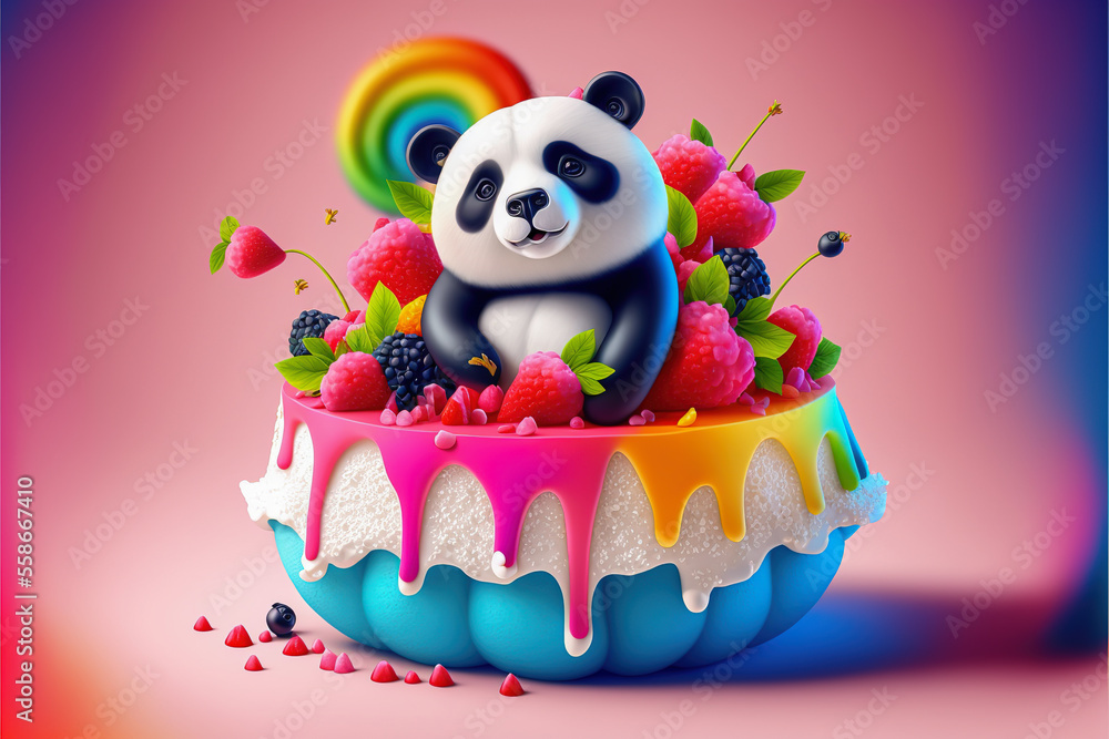 Joyful 3D panda on cupcake: Delighted panda amidst vibrant fruits ...