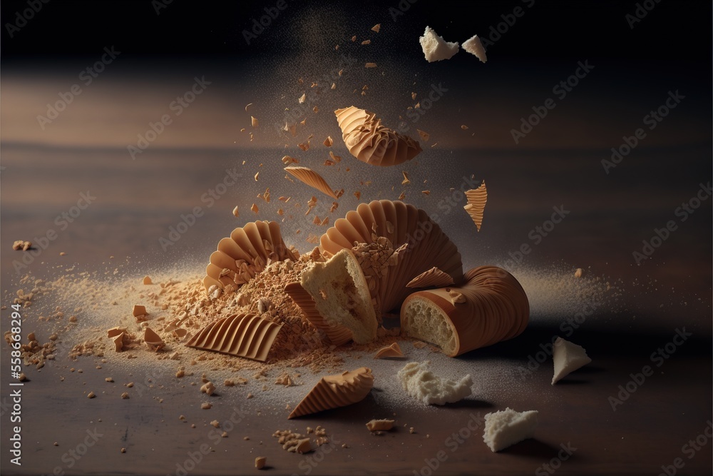 a pile of food that is on a table with some food falling out of it and ...