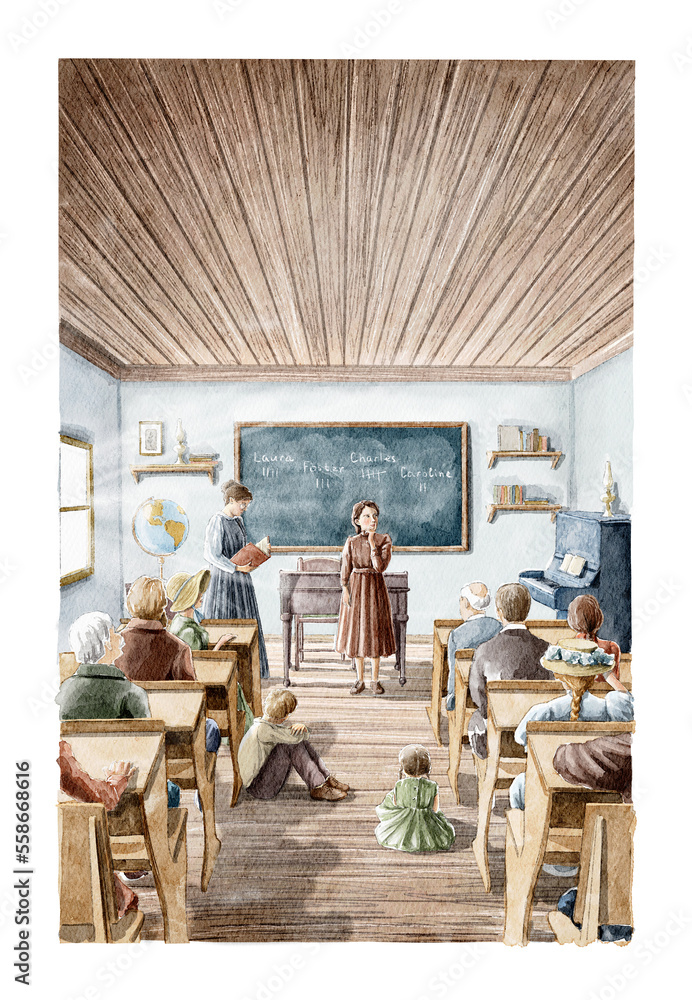 Watercolor old classroom where there is lesson for group of adults and ...