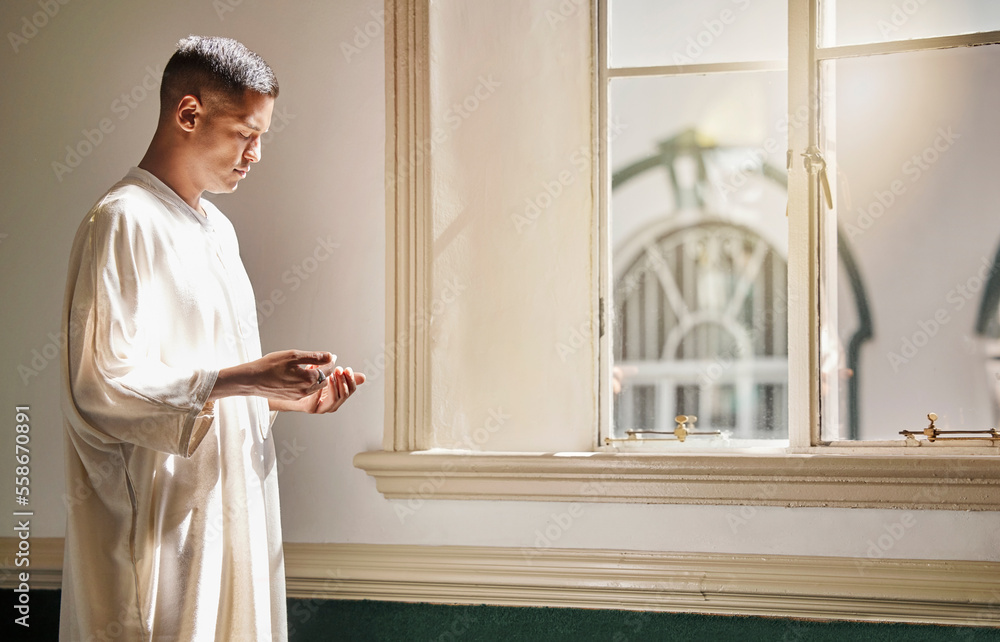 Muslim, prayer or man in a mosque praying to Allah for spiritual ...