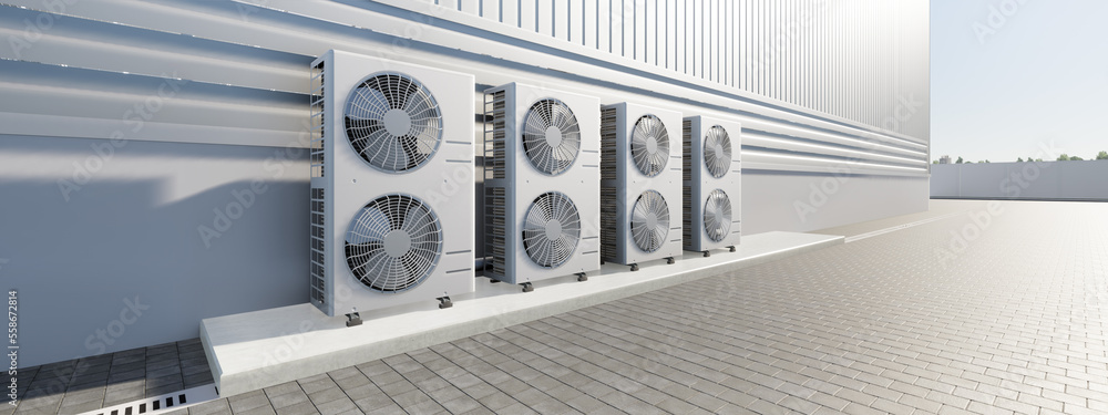 3d rendering of condenser unit or compressor outside factory plant ...