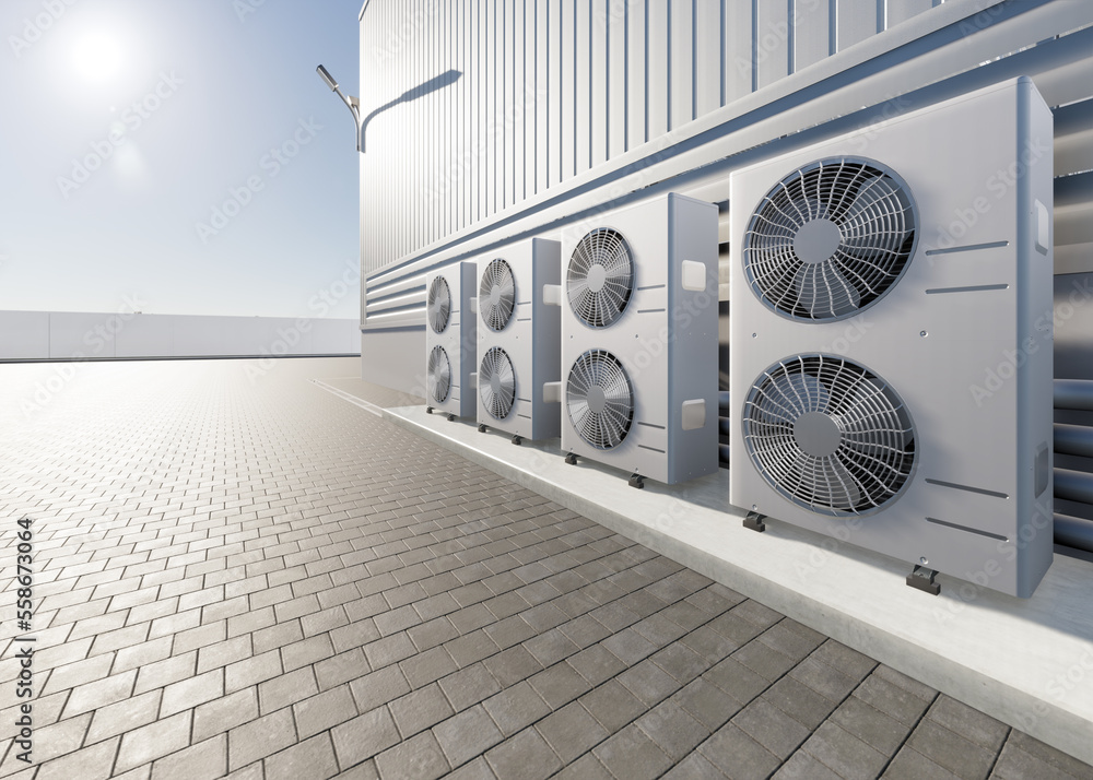 3d rendering of condenser unit or compressor outside factory plant ...