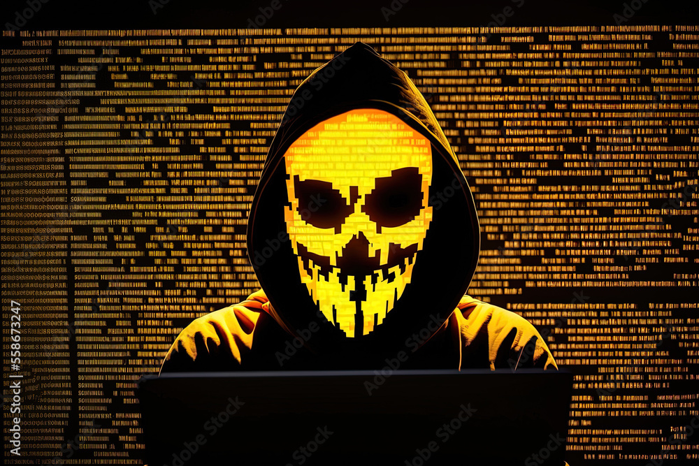 hacking attack and cyber security concept with glowing digital yellow hacking word on hacker ...
