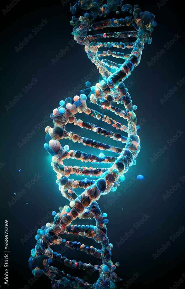 Abstract view of human genome and dna molecular chain in red and blue ...