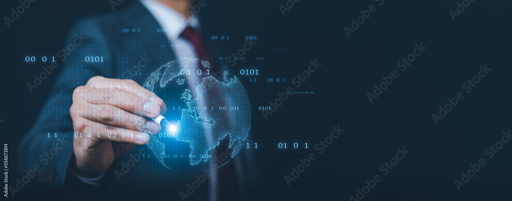 Businessman using pen touch Code HTML and programming on screen laptop ...