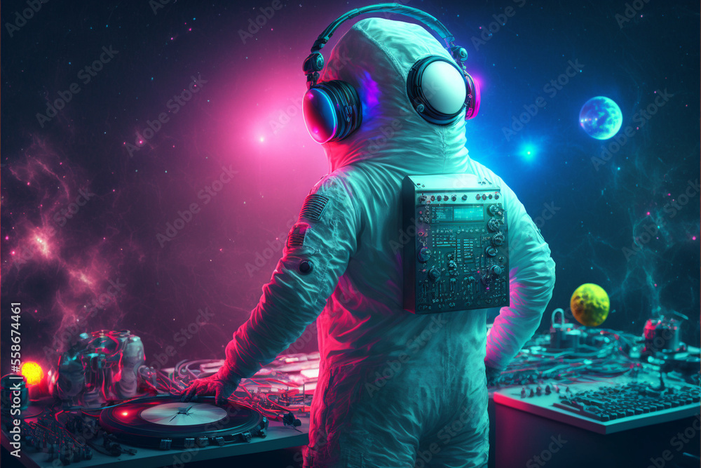 An astronaut in a DJ spacesuit in headphones stands behind the control ...