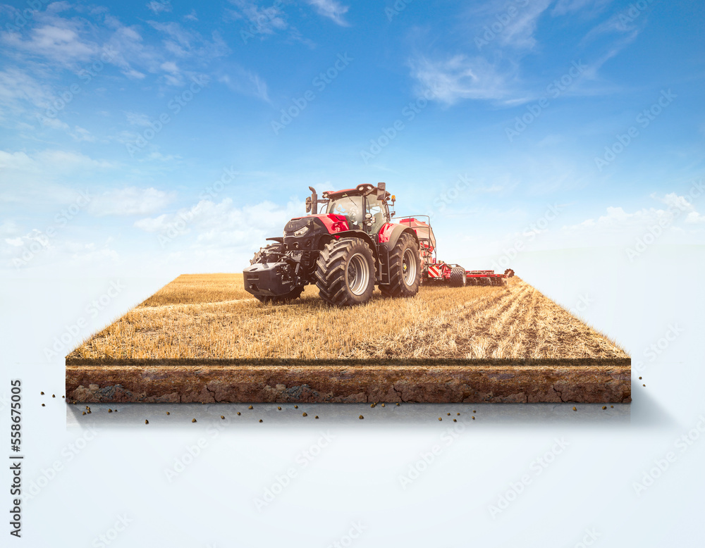 Cross section farmland with tractor, isolated on beautiful farm landscape and clouds background ...