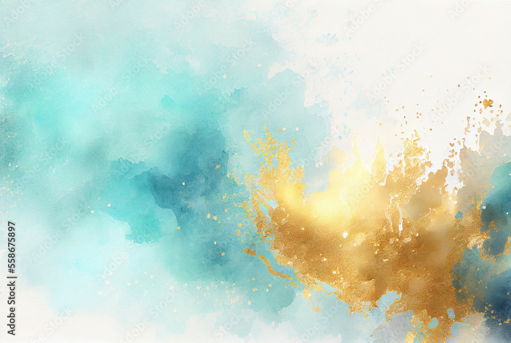 Abstract blue and metallic gold background, watercolor paint texture ...