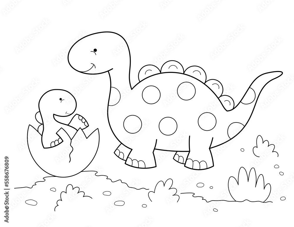 easy coloring page of baby dinosaur and mom Stock Illustration | Adobe ...