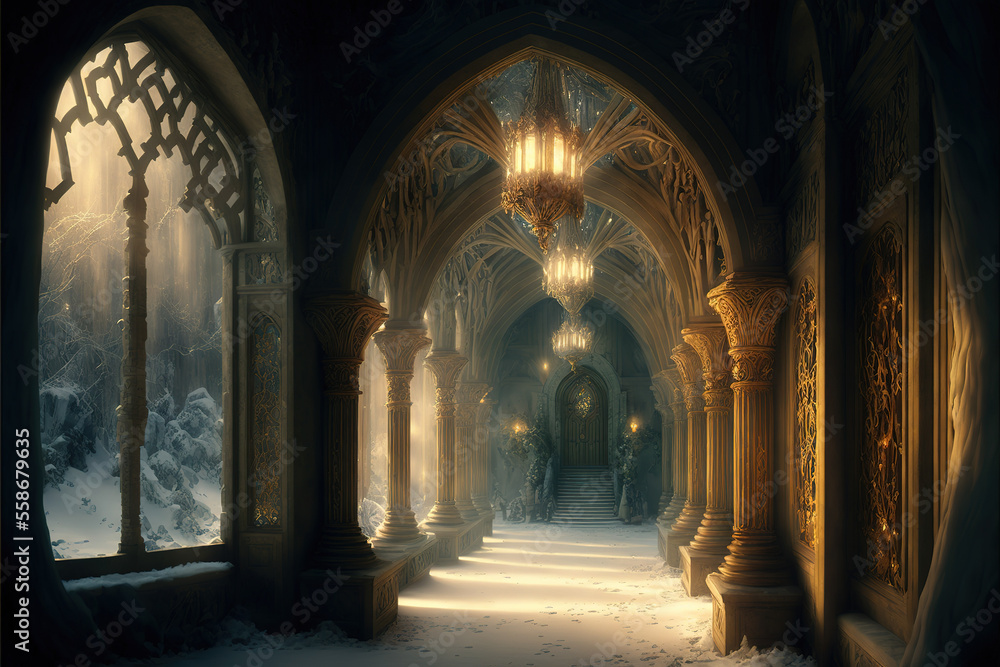Elven palace interior on winter night. Enchanted elvish castle ...
