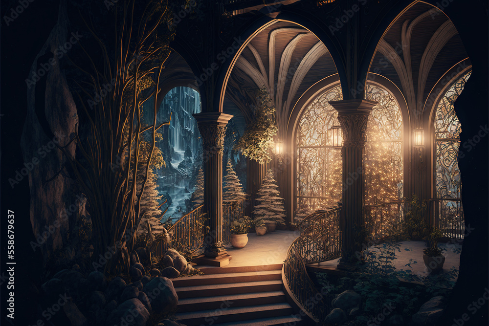 ภาพประกอบสต็อก Elven palace interior on winter night. Enchanted elvish ...
