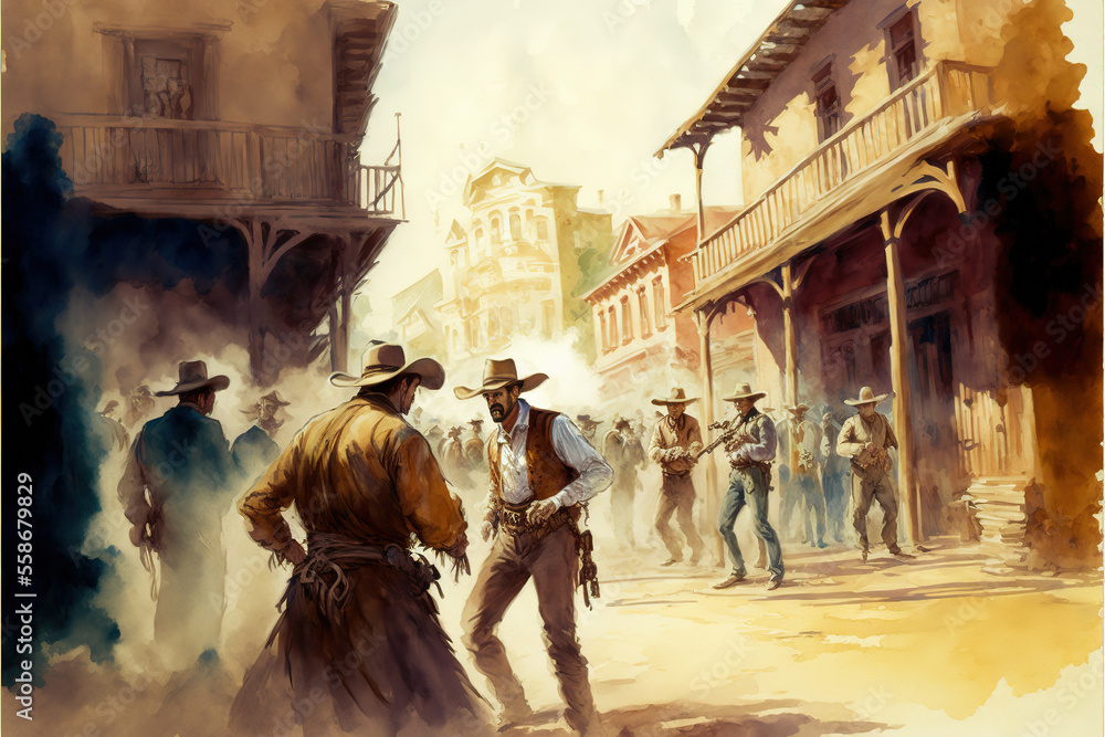 Cowboy art. Old western town illustration with cowboys and outlaws ...