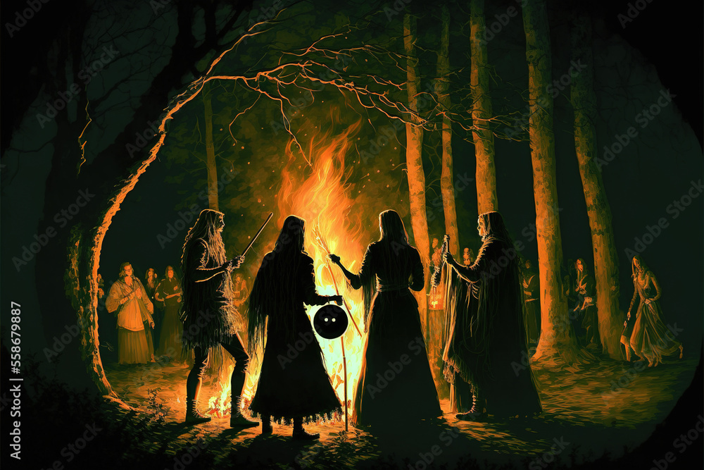 Folklore art of medieval pagans standing around a bonfire at night in ... Folklore art of medieval pagans standing around a bonfire at night in ...