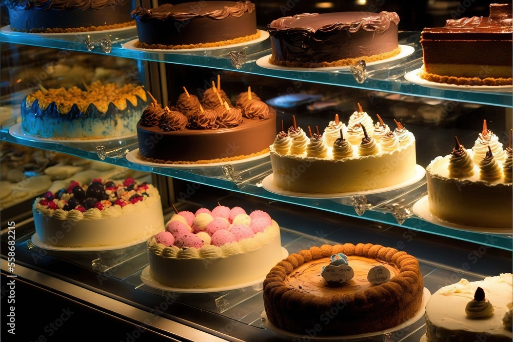 a display case filled with lots of different types of cakes and pies on ...