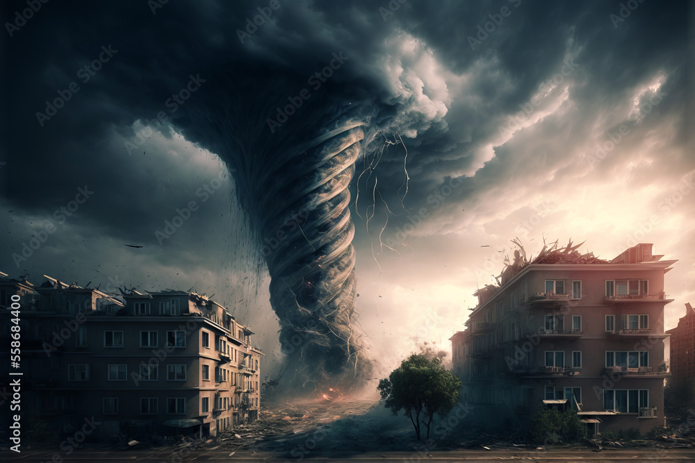 Large tornado destroying a city. Dark dramatic scenery with a twister ...