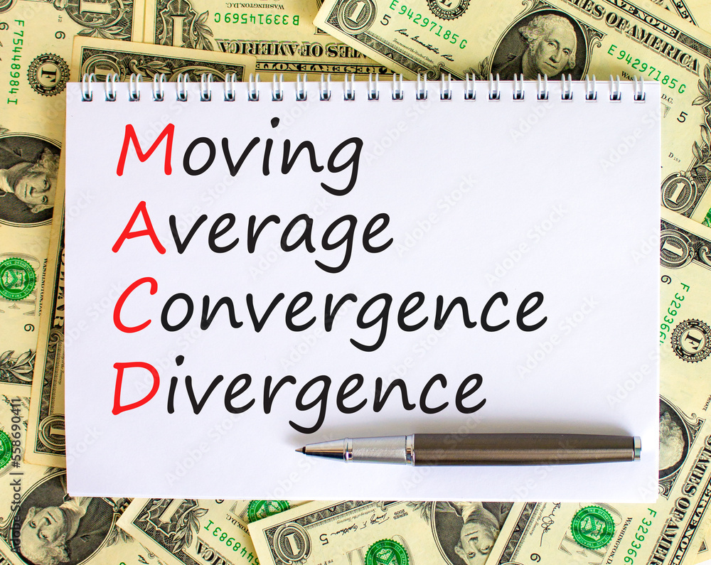 MACD symbol. Concept words MACD moving average convergence divergence on white note on beautiful ...