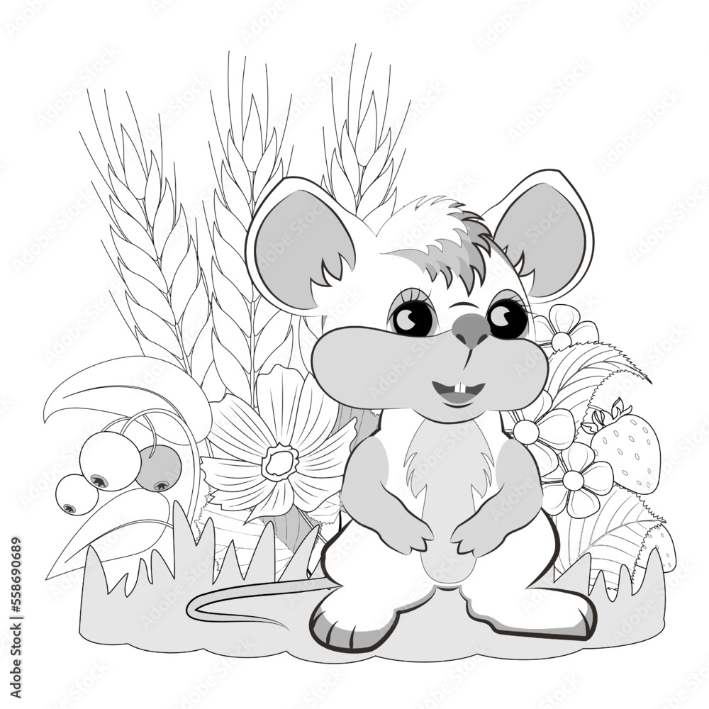 Cute happy little mouse for coloring book page. Berries, wheat ears ...