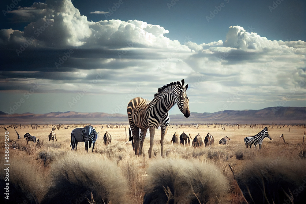 Sci-fi drawing, combined animal of zebra and giraffe on the savannah ...