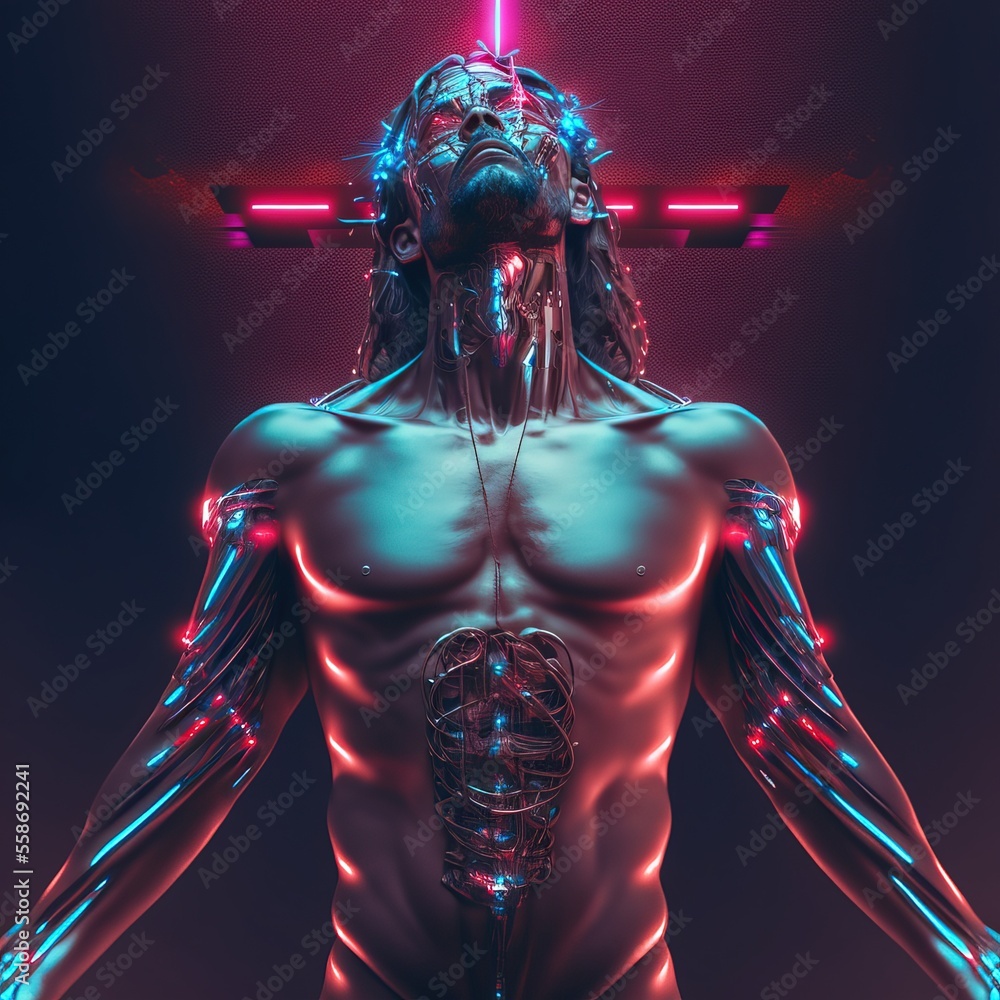 Jesus christ on the cross. Cyberpunk. Neon light. Generative AI Stock ...
