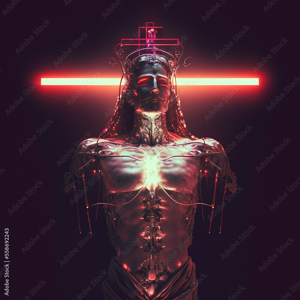 Jesus christ on the cross. Cyberpunk. Neon light. Generative AI Stock ...