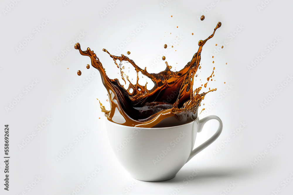 Pouring and splash coffee in white cup on isolated white background ...