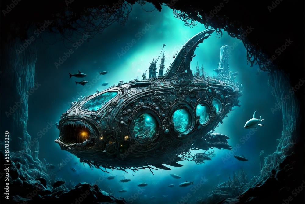 Aquatic deep sea sci-fi robotic biomechanical submarine creatures in ...