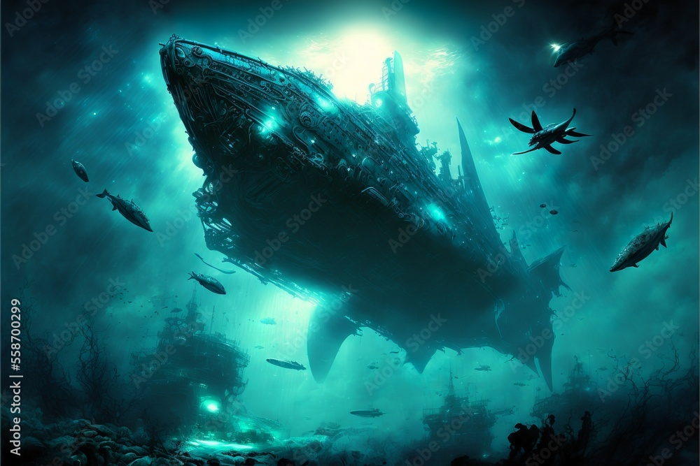 Aquatic deep sea sci-fi robotic biomechanical submarine creatures in ...