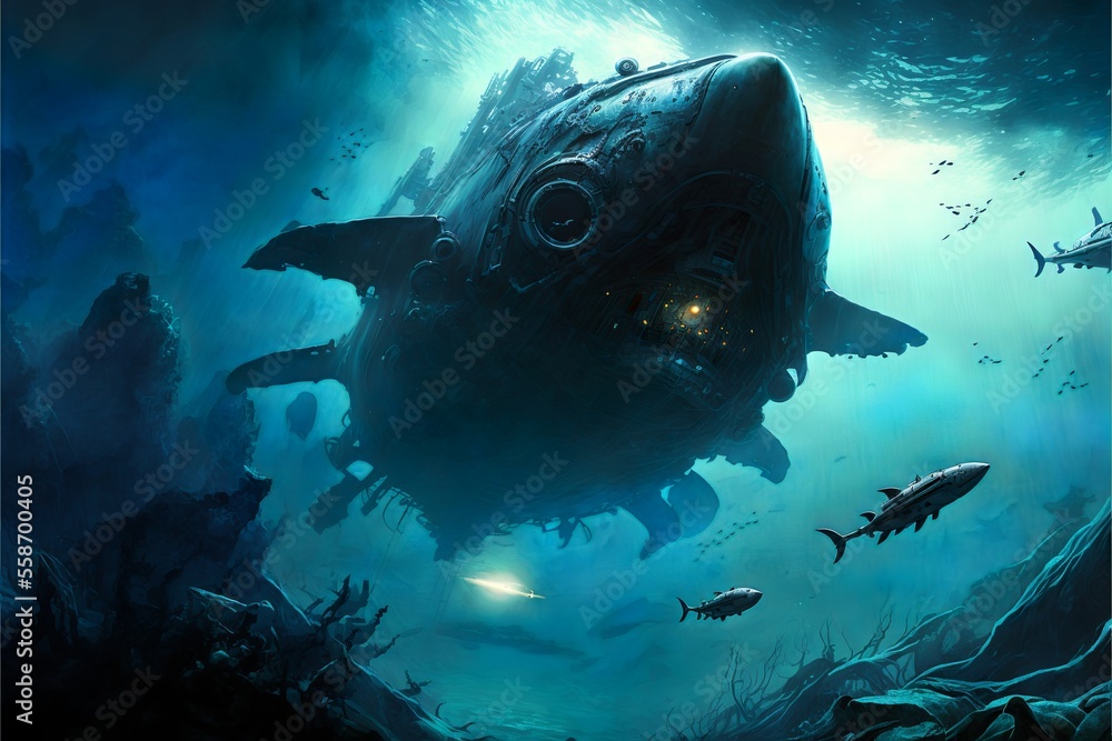 Aquatic deep sea sci-fi robotic biomechanical submarine creatures in ...